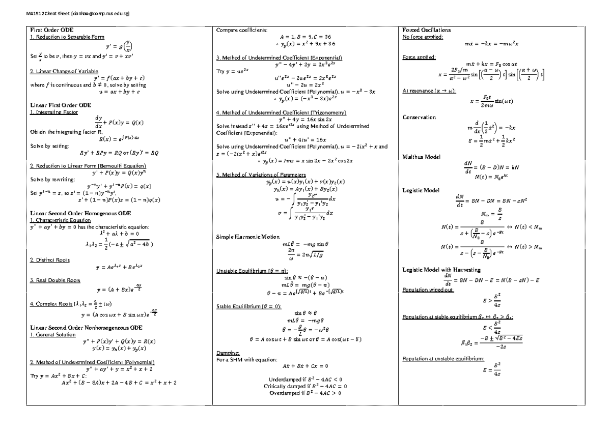 MA1512 Cheat Sheet - nus.edu) First Order ODE Reduction to Separable ...