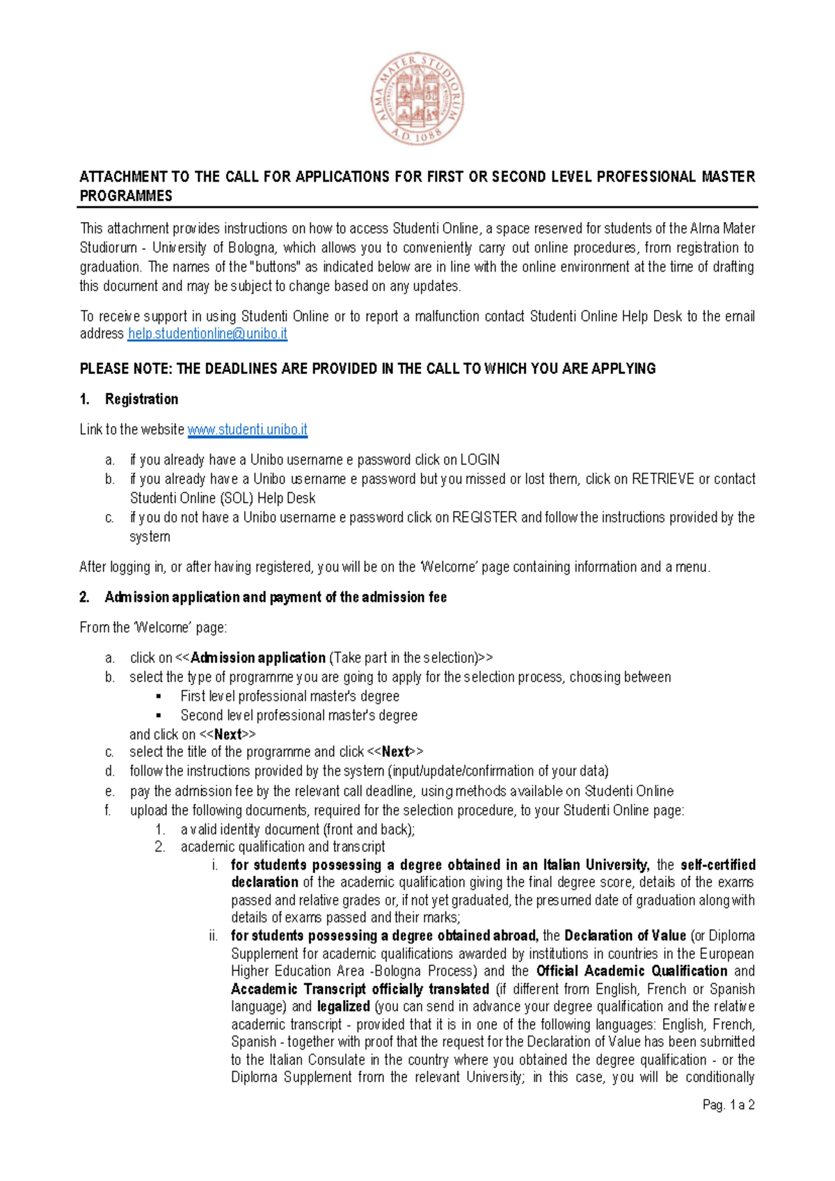 Istruzioni operative allegate al bando Master EN - Pag. 1 a 2 ...