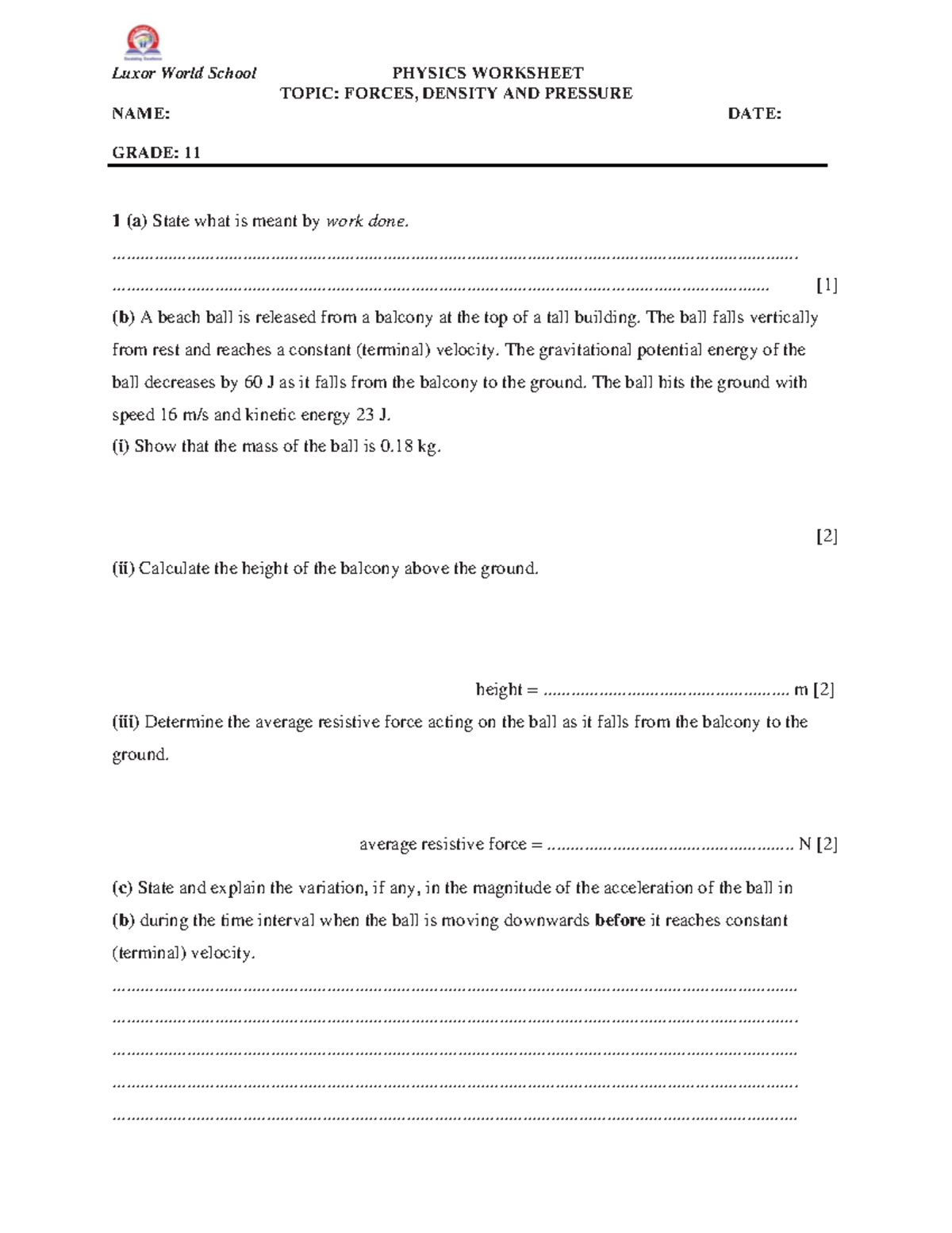 AS Ch IV worksheet - good - Luxor World School PHYSICS WORKSHEET TOPIC ...