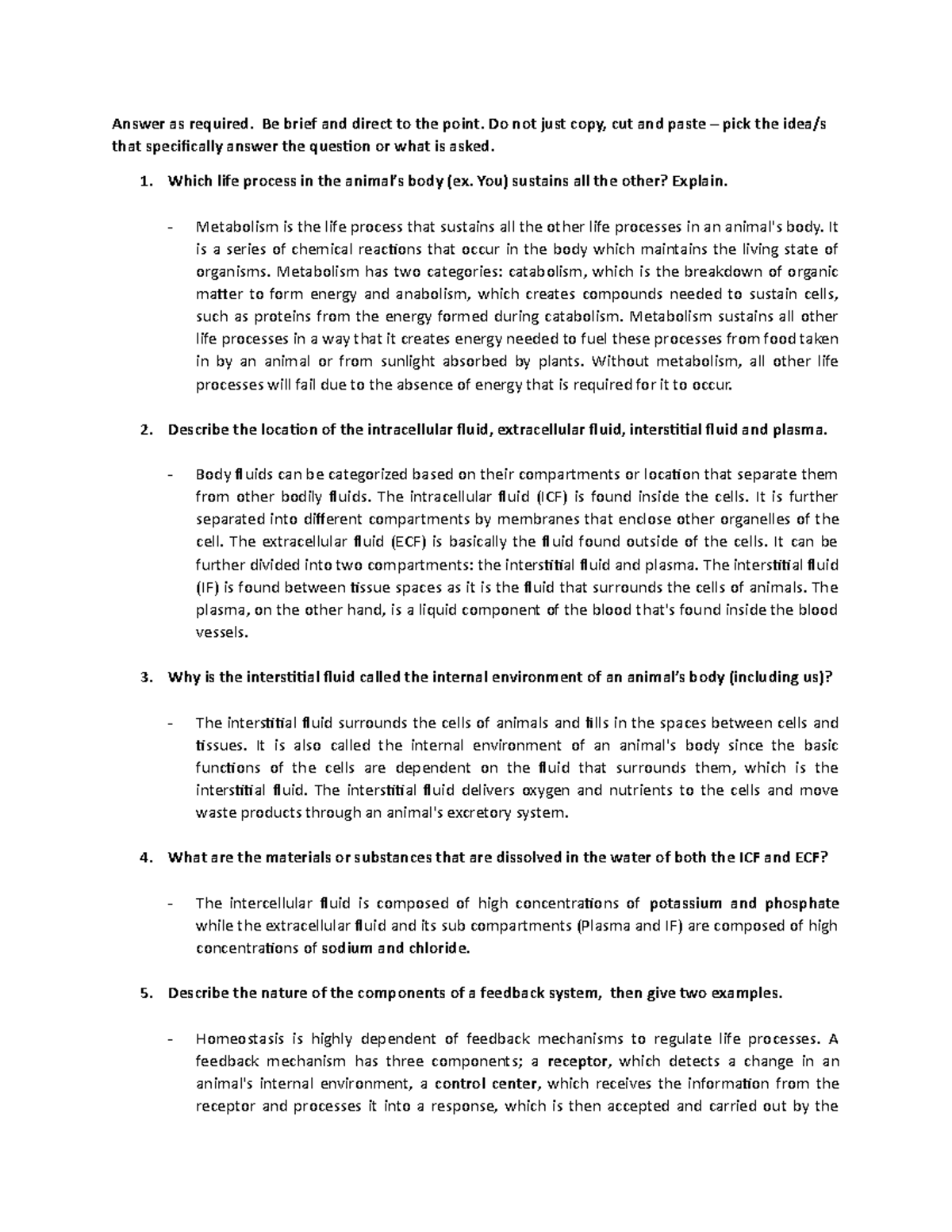 Assignment 2 Homeostasis Assignment 2 Homeostasis Questions - Answer as ...