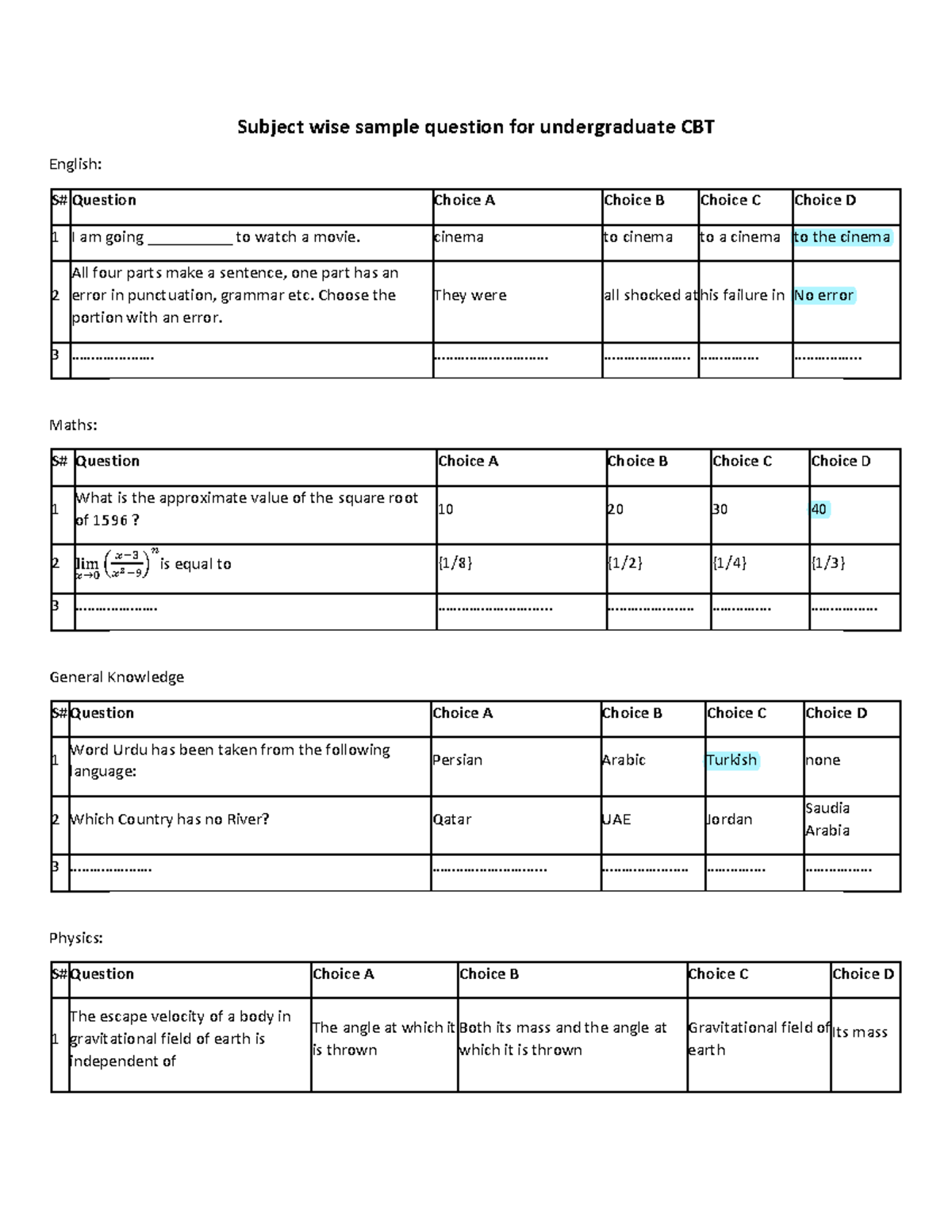 Bahira CBT - HELPFUL - Subject wise sample question for undergraduate ...
