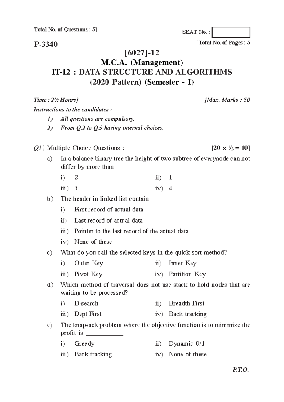 DSA April 2023 - Question Paper - Q1) Multiple Choice Questions : [20 × ...