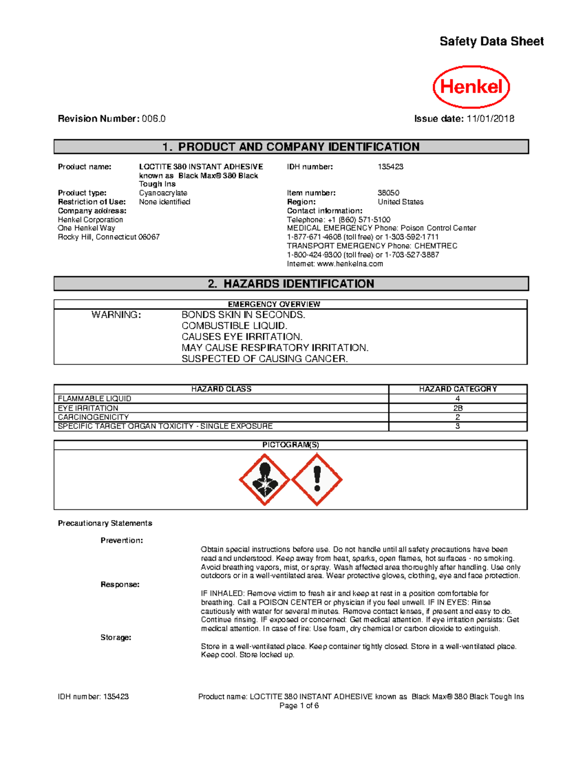 [MSDS] Loctite 380 - Safety Data Sheet Revision Number: 006. 0 Issue ...