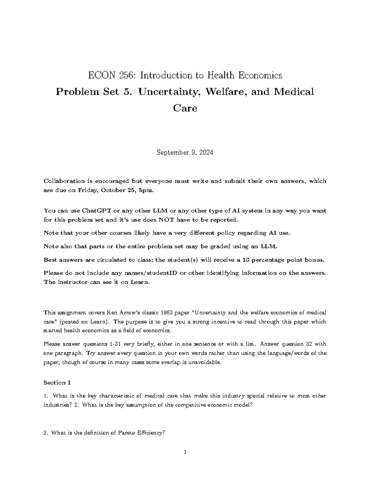 256 F2024 Problem Set 5 Uncertainty And Medical Care v1 - ECON 256 ...