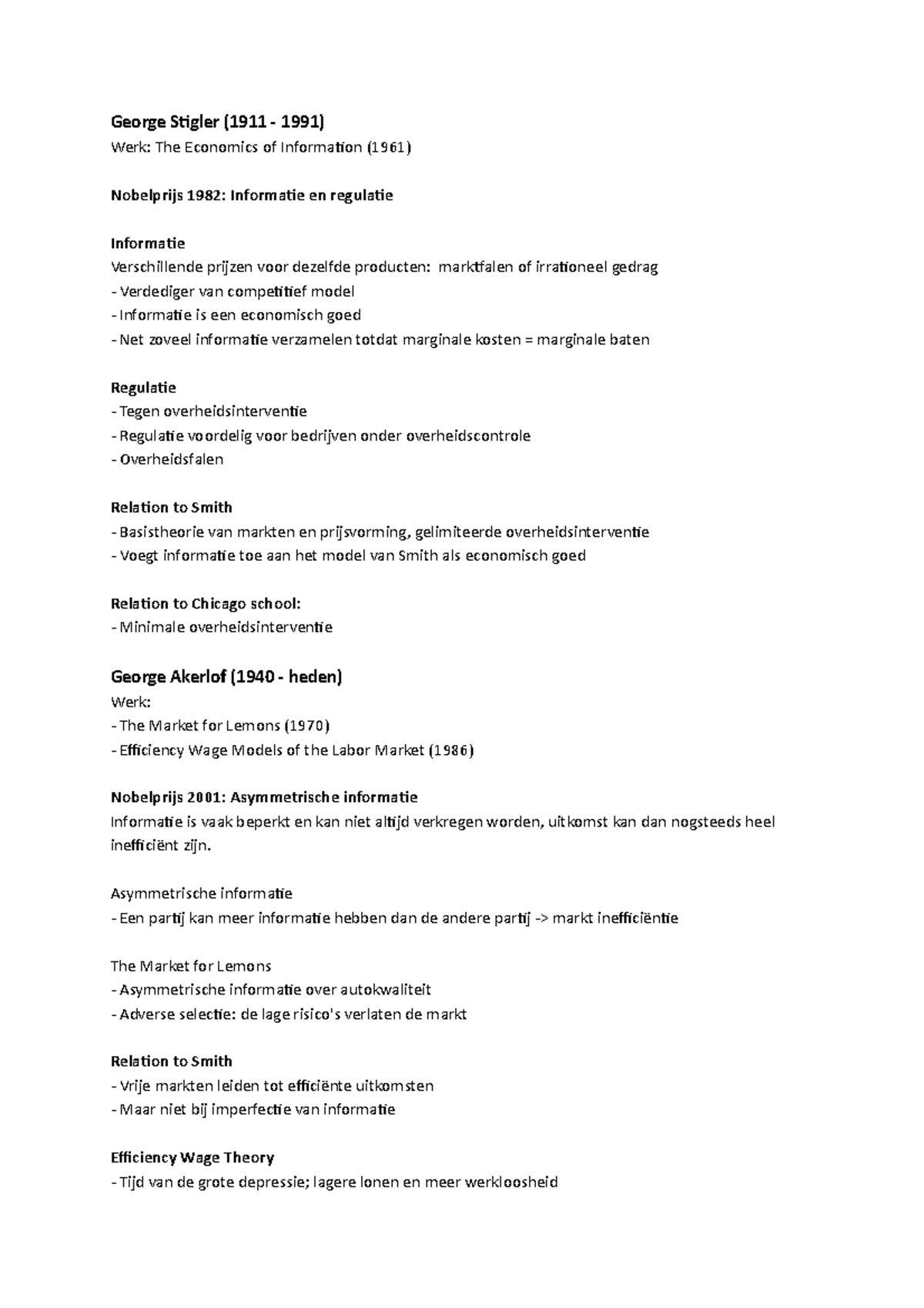 Week 3 - George Stigler en George Akerlof - George Stigler (1911 - 1991 ...