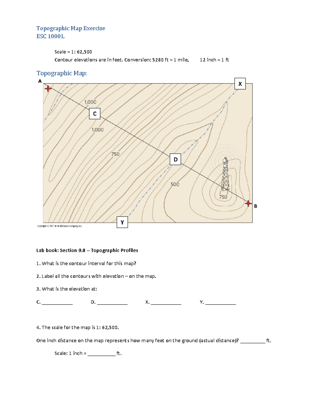 Topomap Profile Exercise - Topographic Map Exercise ESC 1000L Scale = 1 ...