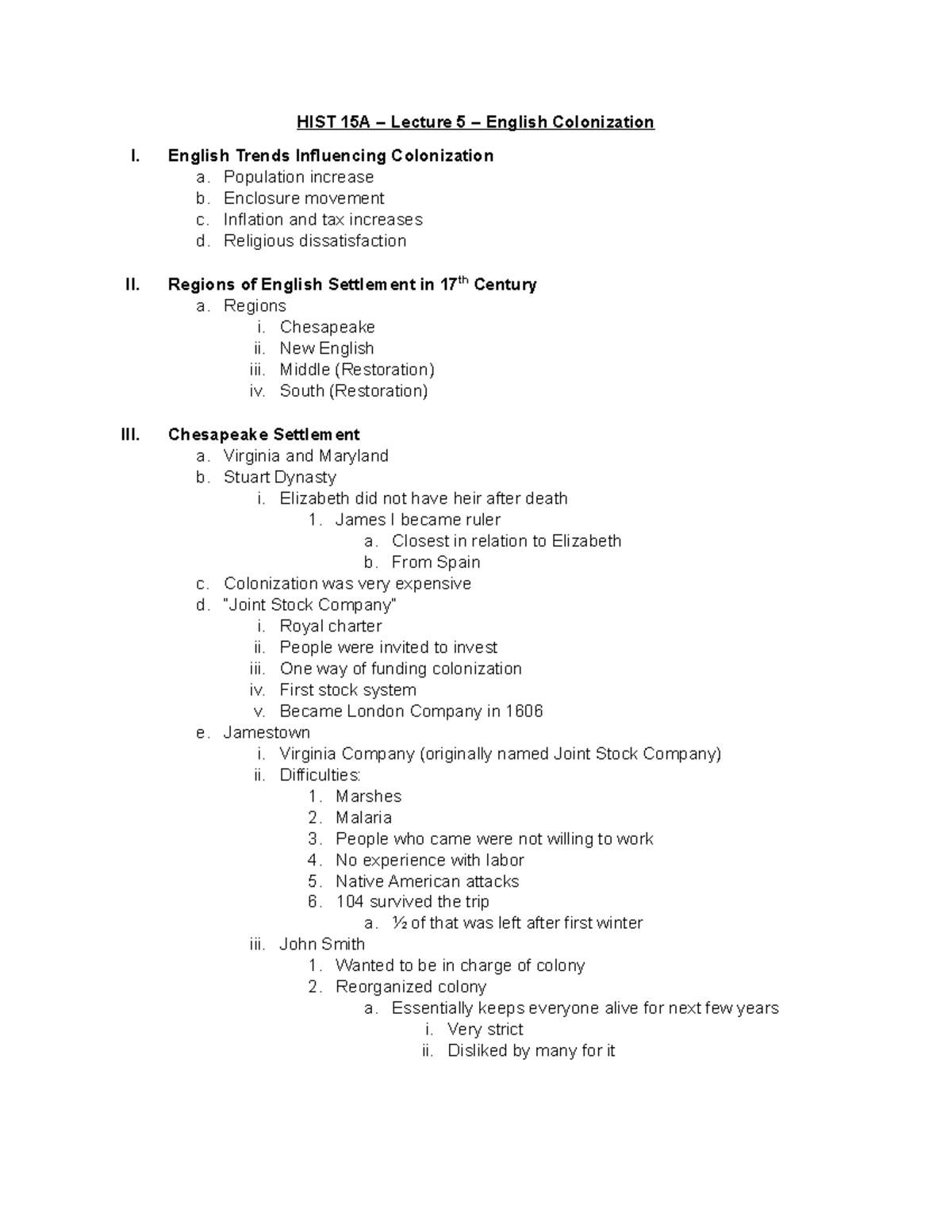 HIST 15A - Lecture 5 - English Colonization - English Trends ...
