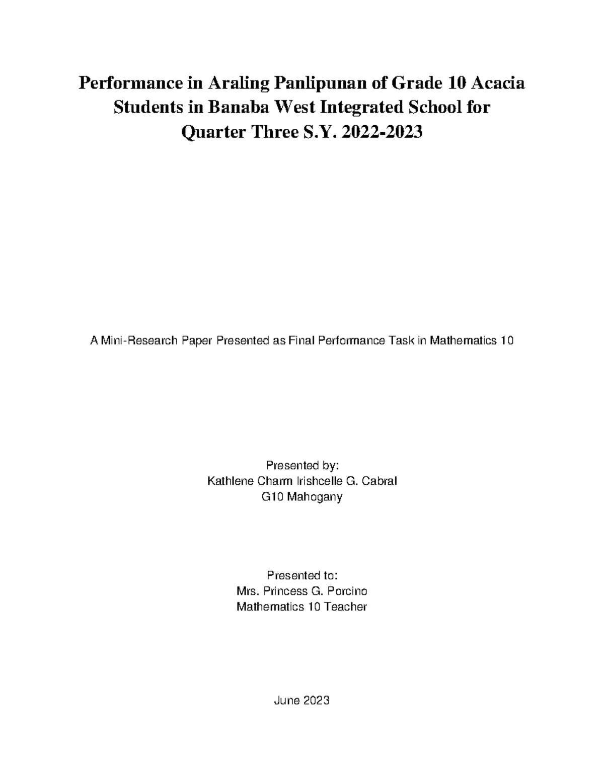 MINI- Research-Sample - Performance in Araling Panlipunan of Grade 10 ...