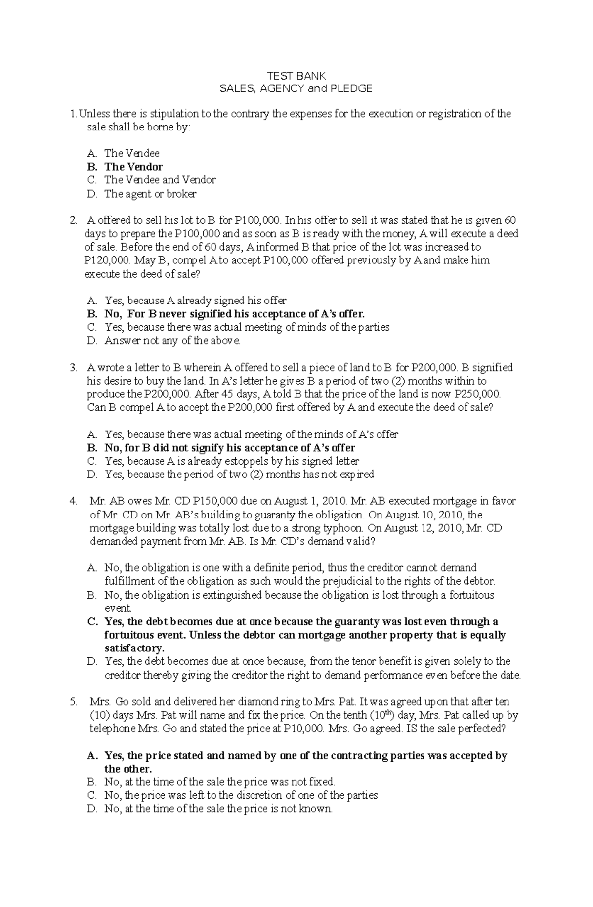 Test 13 October, questions and answers - TEST BANK SALES, AGENCY and ...