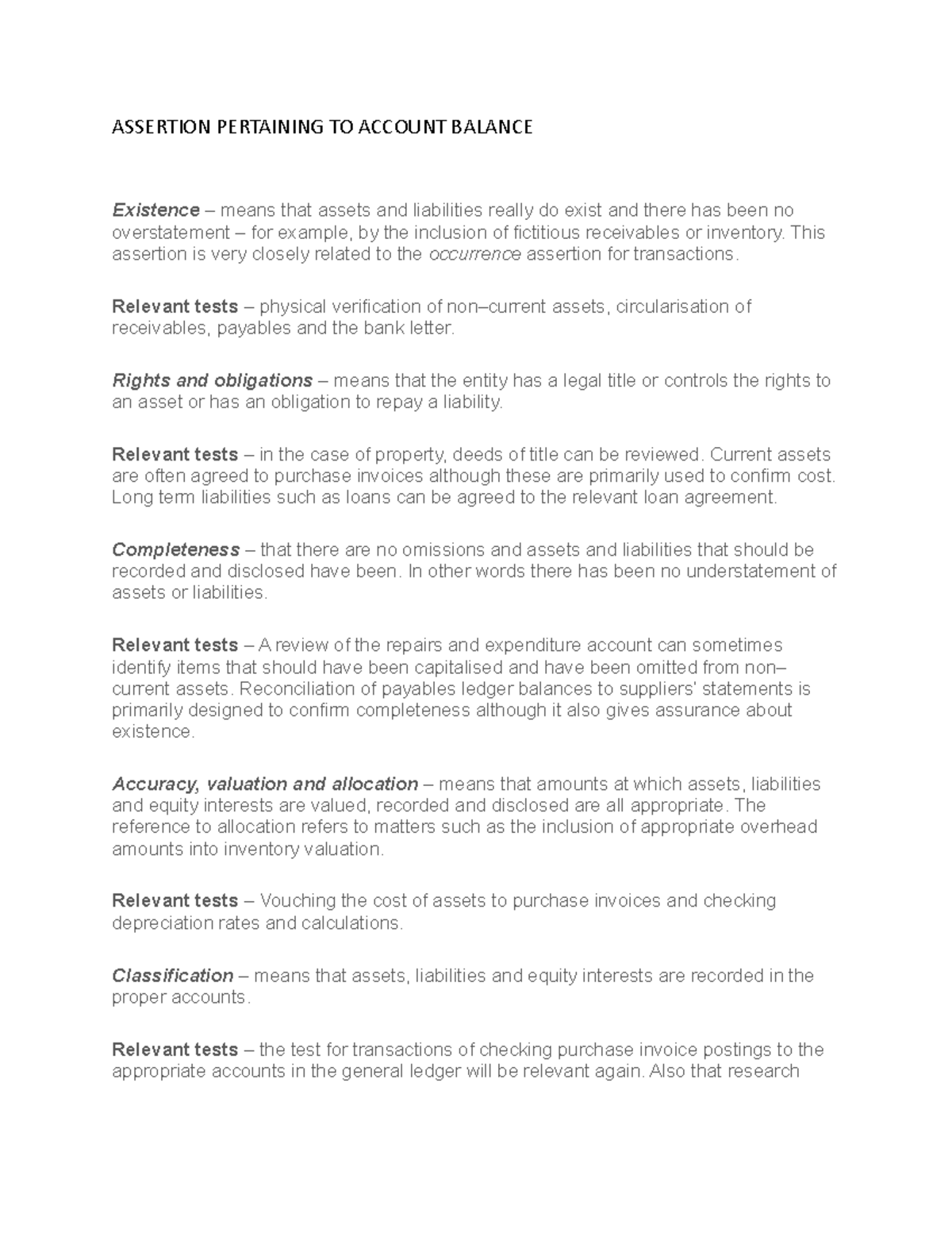 Assertion Pertaining TO Account Balance - ASSERTION PERTAINING TO ACCOUNT BALANCE Existence ...