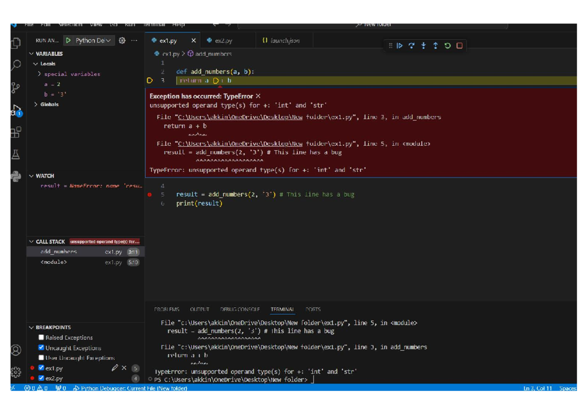 Debugg 036 - Selection RUN AN D Python Del ex1 x ex2 launch VARIABLES ex1 Y add_numbers V Locals ...