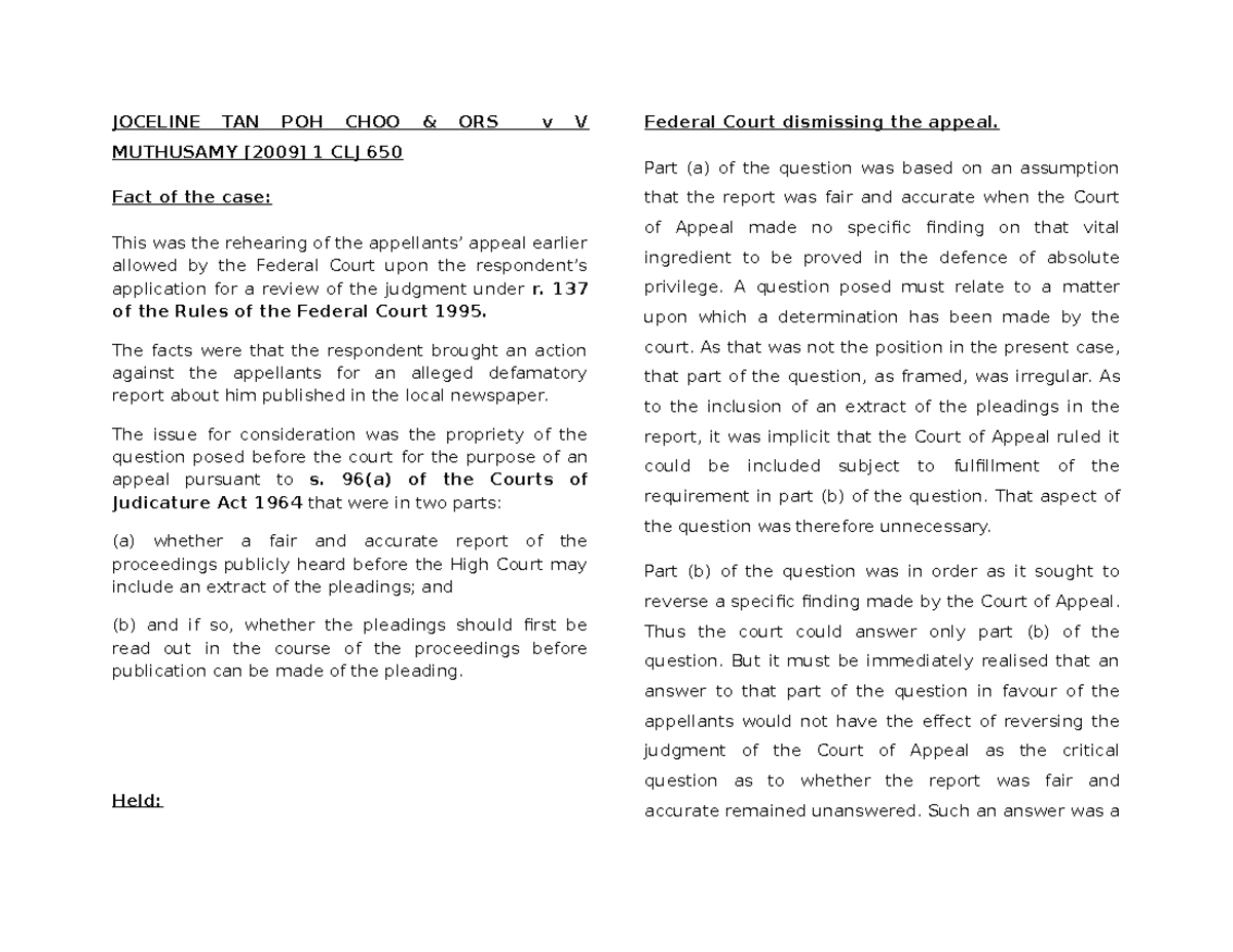 Joceline TAN POH CHOO - JOCELINE TAN POH CHOO & ORS v V MUTHUSAMY [2009 ...
