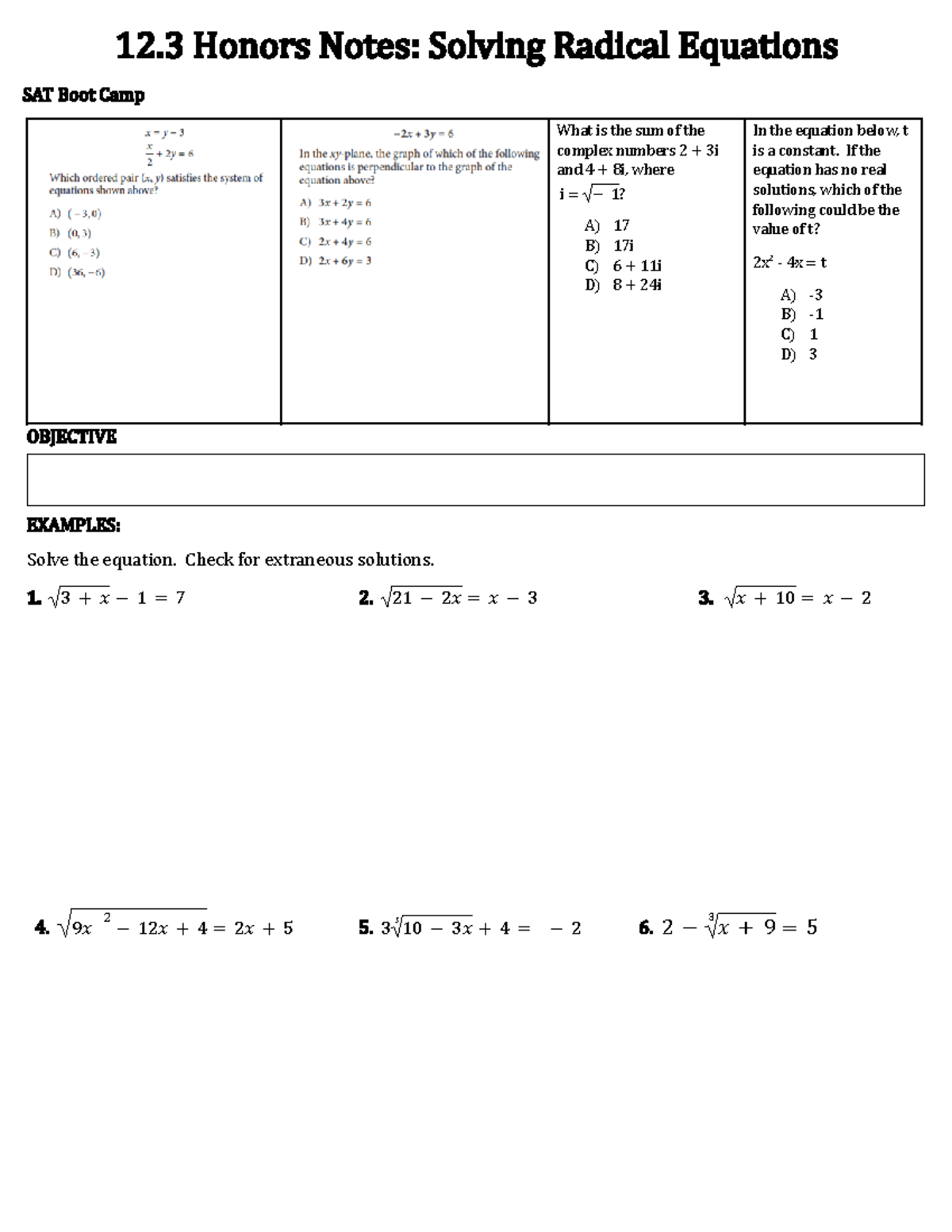 12.3 Solving Radical Equations - Honors - 12 Honors Notes: Solving ...
