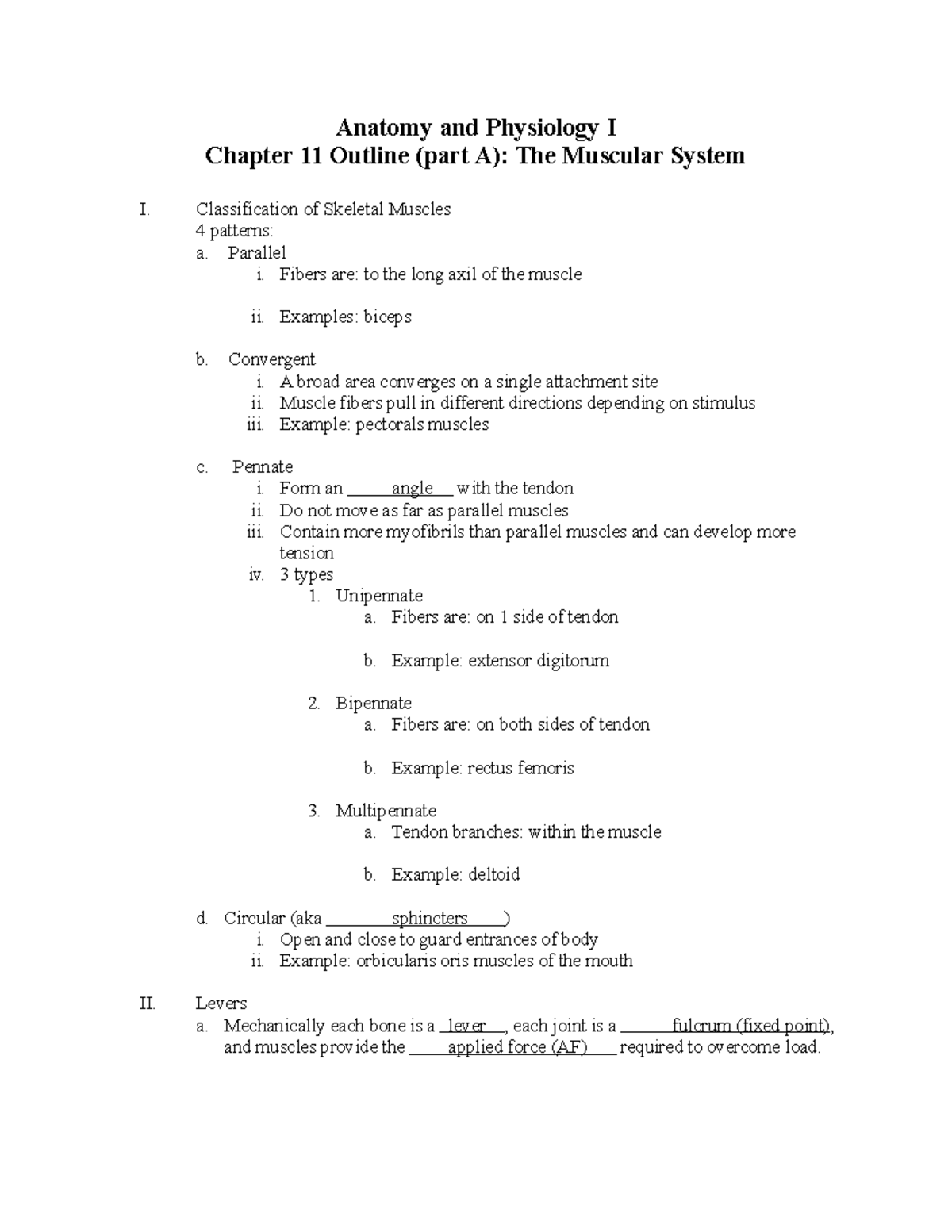 Ch 11a - notes - Anatomy and Physiology I Chapter 11 Outline (part A ...