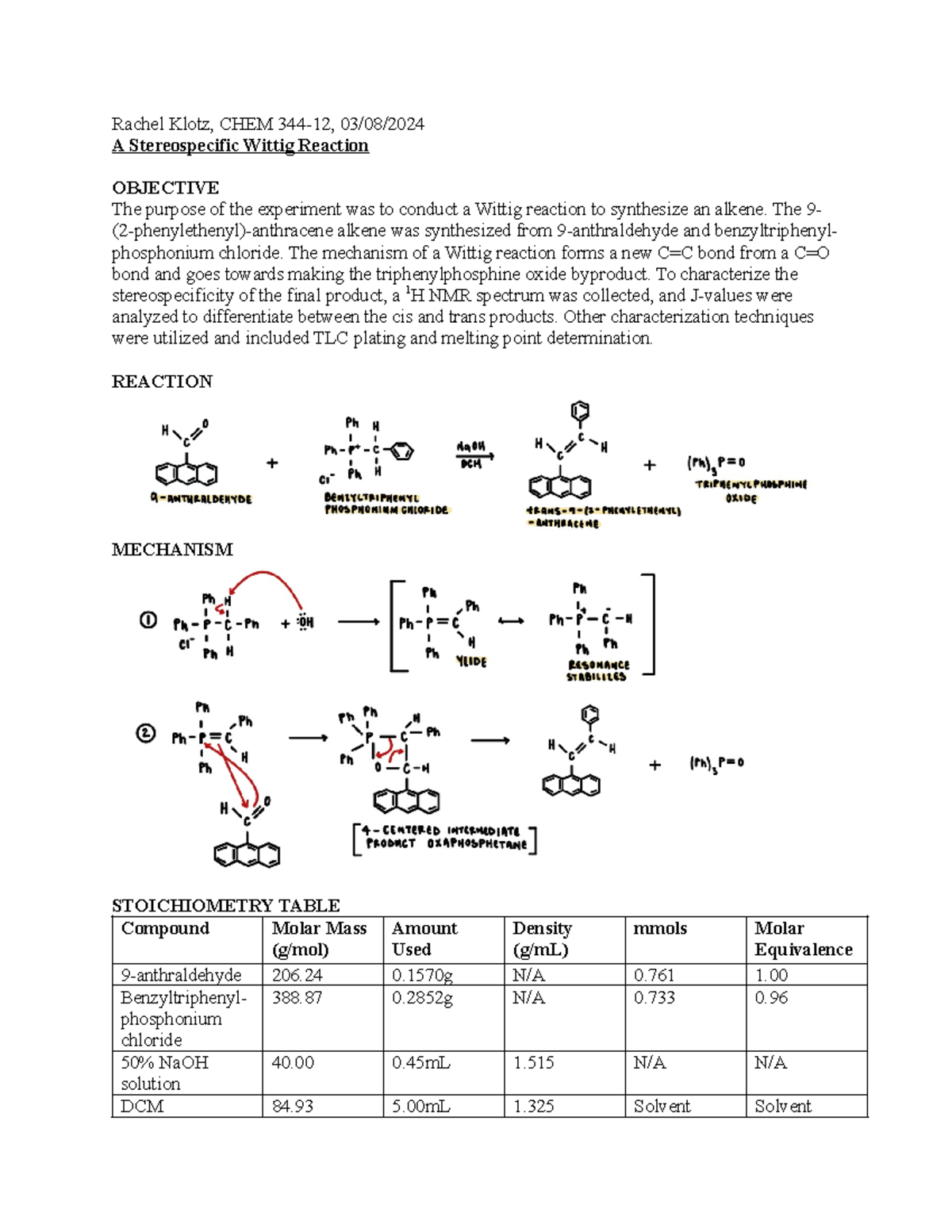 CHEM 344-12 Experiment 8 Lab Report - Rachel Klotz, CHEM 344-12, 03/08 ...