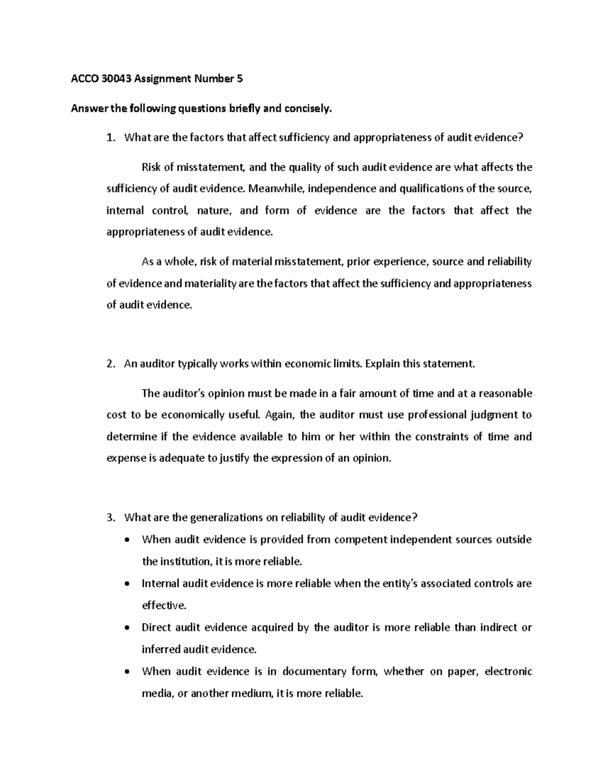 HW5 - assignment q to ok? - ACCO 30043 Assignment Number 5 Answer the ...