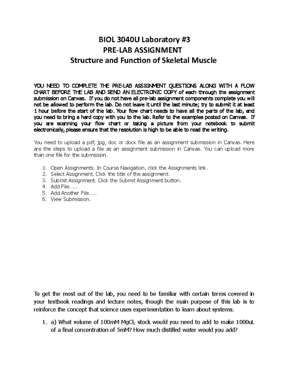 Lab 3 prelab assignment - BIOL 3040U Laboratory PRE-LAB ASSIGNMENT Structure and Function of ...