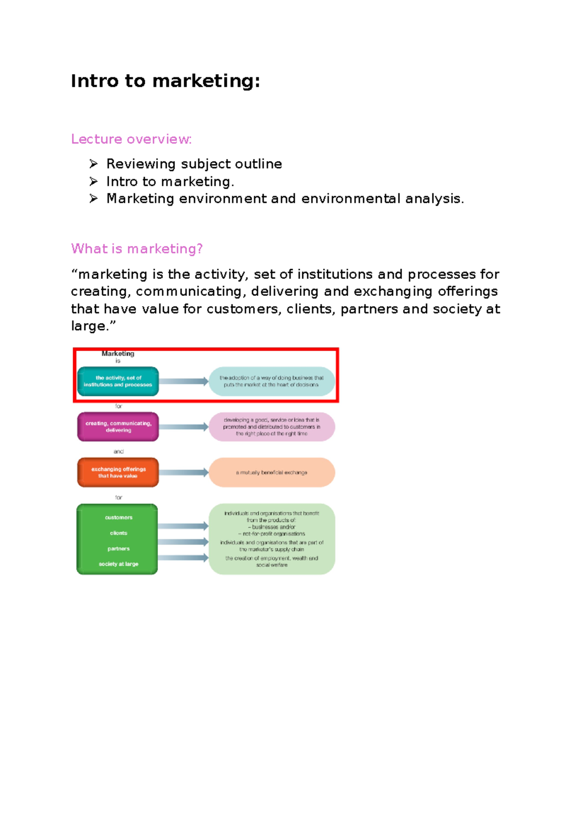 Intro to marketing notes - Intro to marketing: Lecture overview ...
