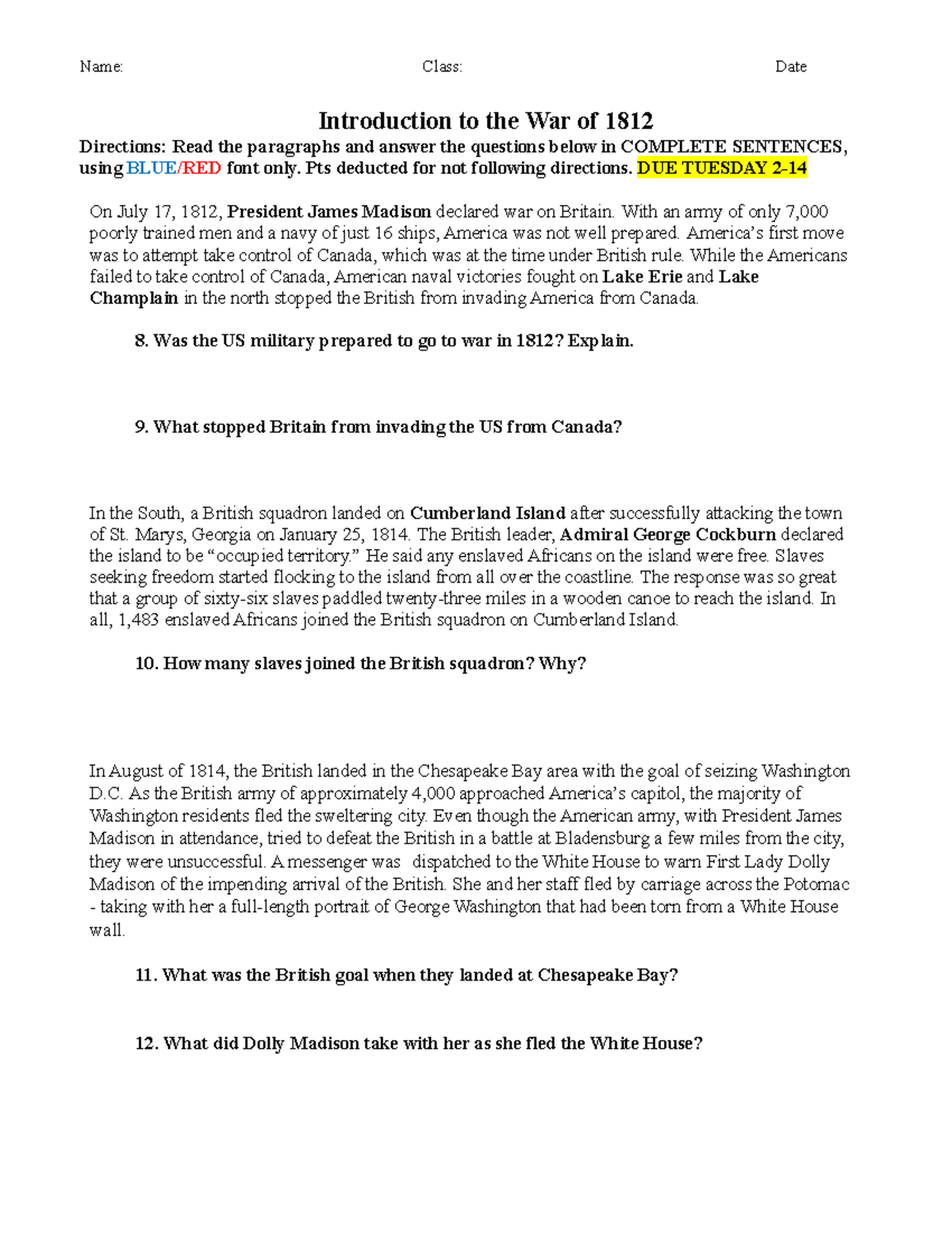 Introduction to the War of 1812-1 - Name: Class: Date Introduction to ...