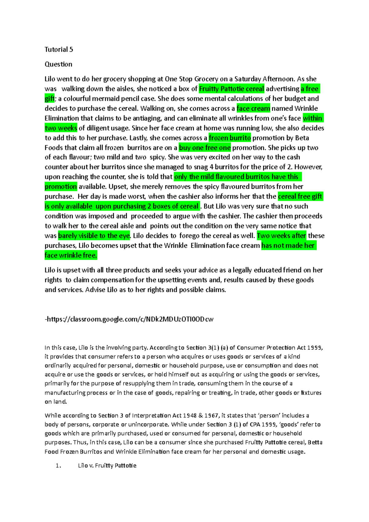 Consumer law Tutorial 5 - Tutorial 5 Question Lilo went to do her ...