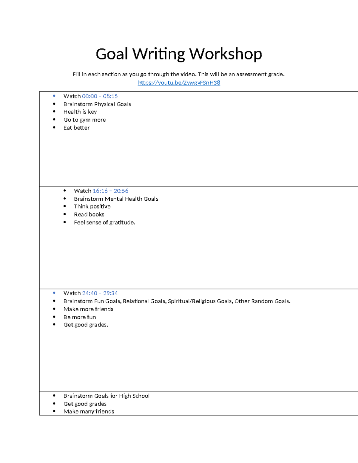 Goal writing work - goal work. - Goal Writing Workshop Fill in each ...
