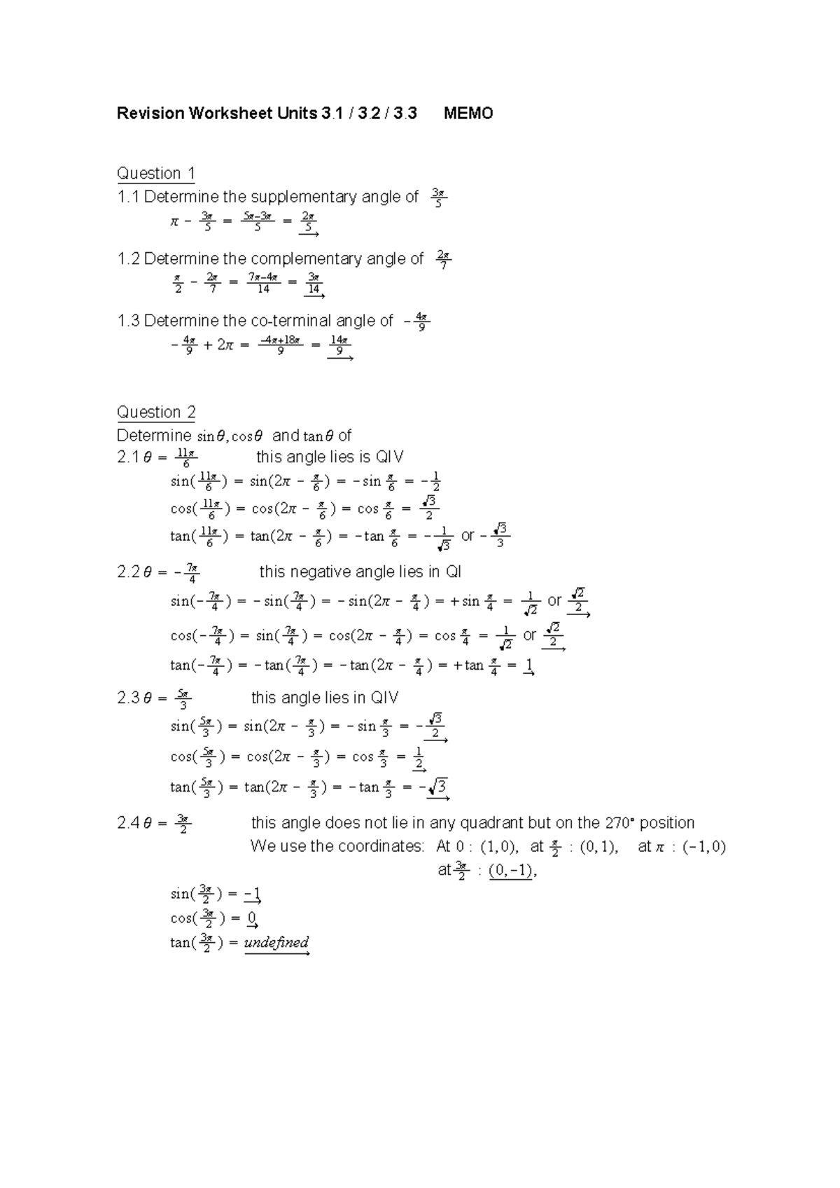 Revision worksheet for ST2 Memo - Revision Worksheet Units 3. 1 / 3. 2 ...
