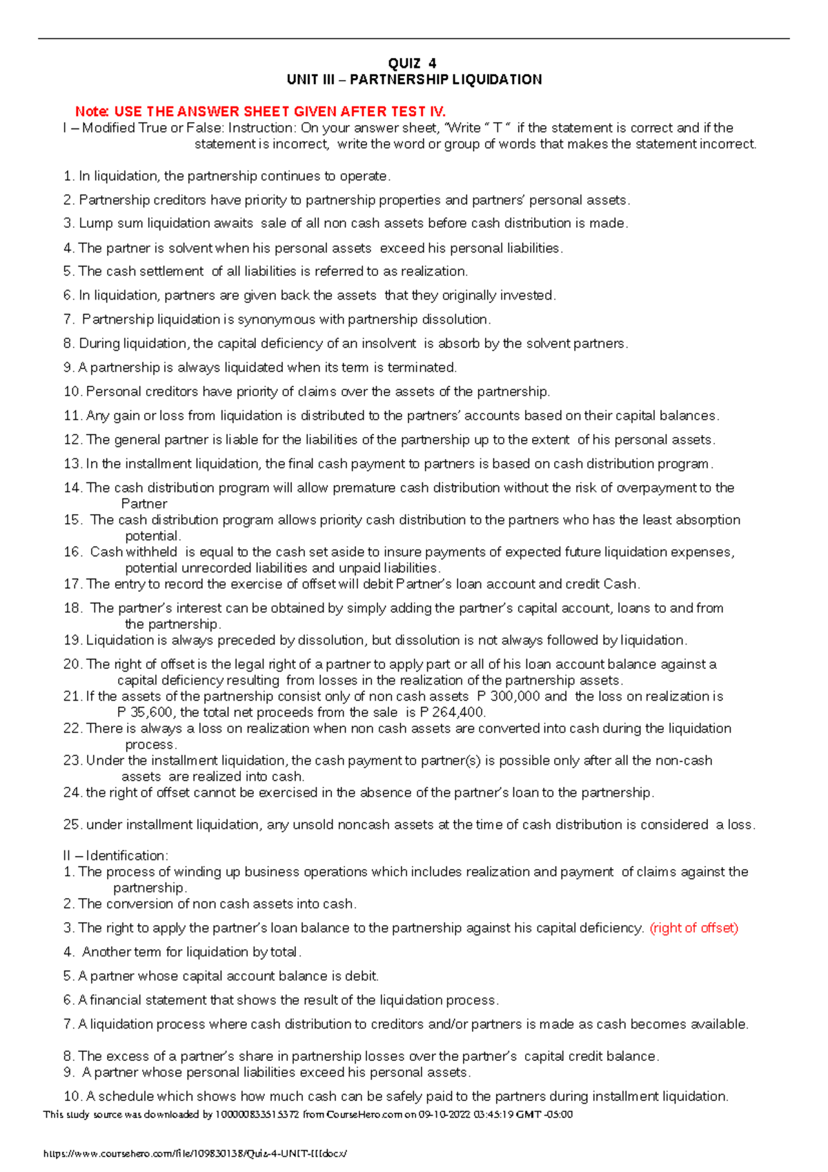 Quiz 4 UNIT III - Ggggggggg - QUIZ 4 UNIT III – PARTNERSHIP LIQUIDATION ...
