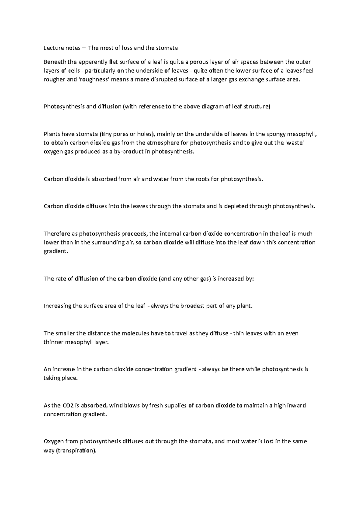 Lecture notes – The most of loss and the stomata - Photosynthesis and ...