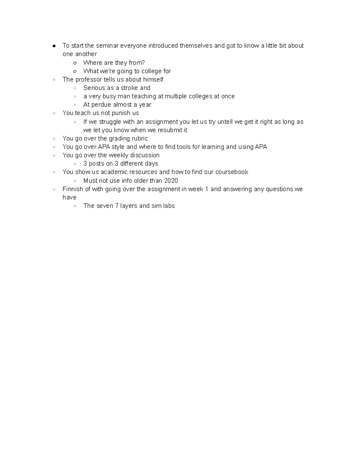 Seminar 1 Summary - lecture notes - To start the seminar everyone ...