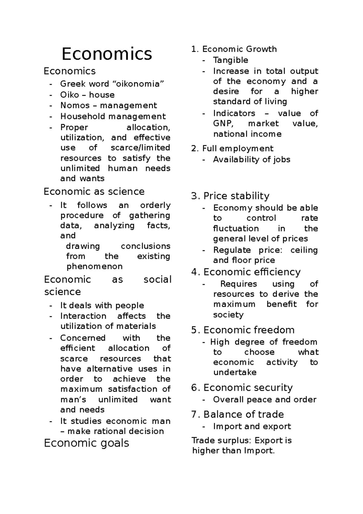 Economics Notes - efef - Economics Economics Greek word “oikonomia ...
