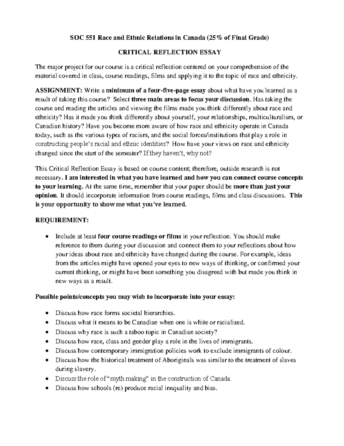 Critical Reflection Assignment - SOC 551 Race and Ethnic Relations in ...