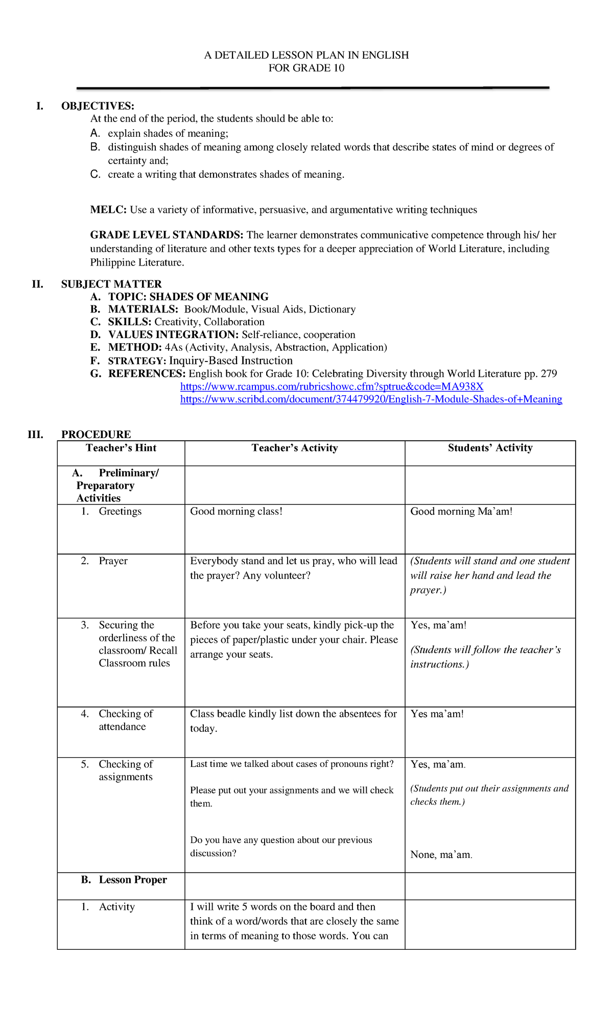 LP Shades OF Meaning - A DETAILED LESSON PLAN IN ENGLISH FOR GRADE 10 I ...