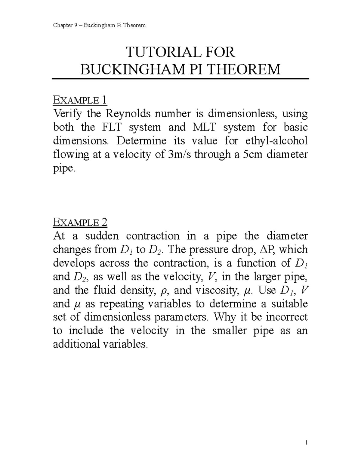 Buckingham tutorial 1 - Chapter 9 Buckingham Pi Theorem TUTORIAL FOR ...