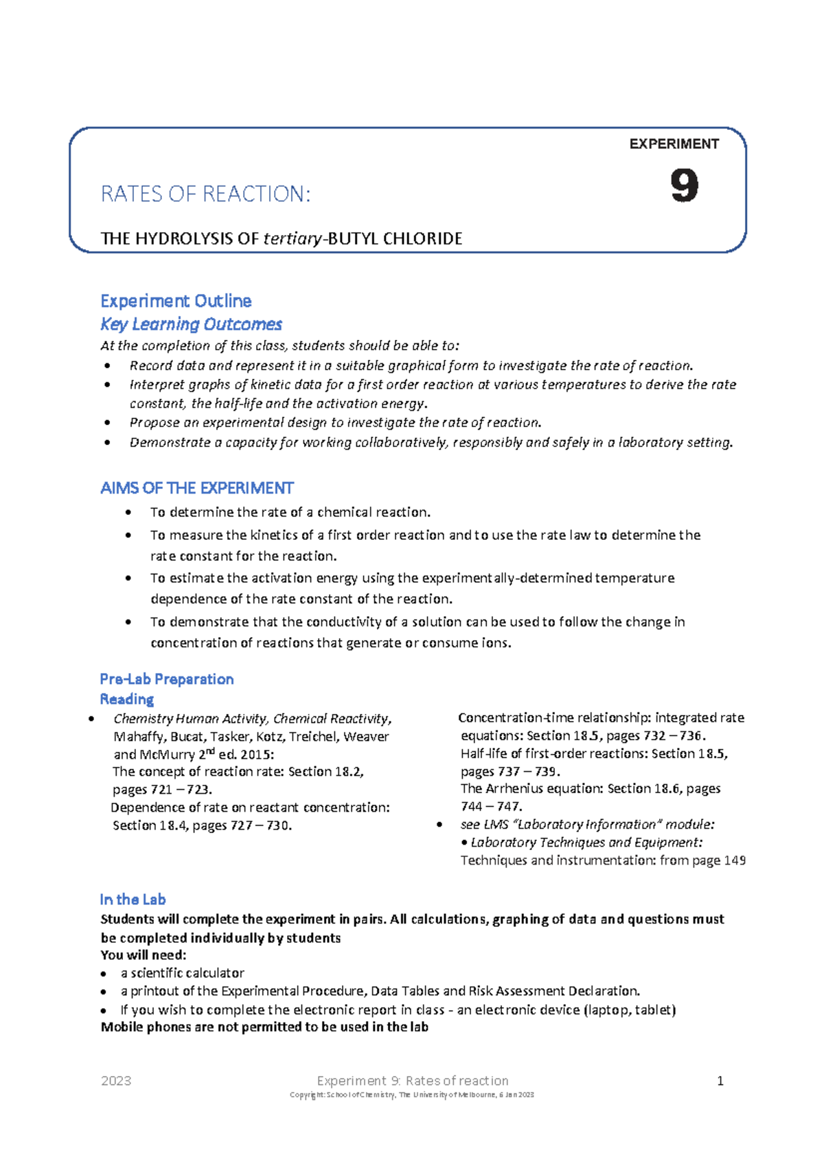 Experiment E9 Student Notes S2 2023 - 2023 Experiment 9: Rates of ...