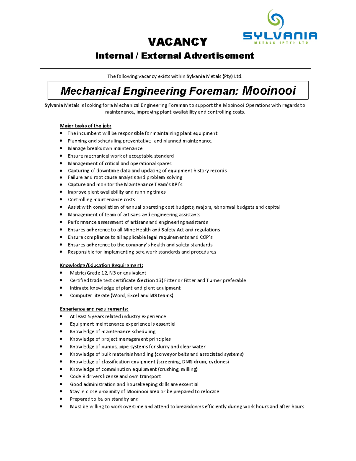 Advert - Mechanical Engineering Foreman - Mooi Nooi (Closing date 23 ...