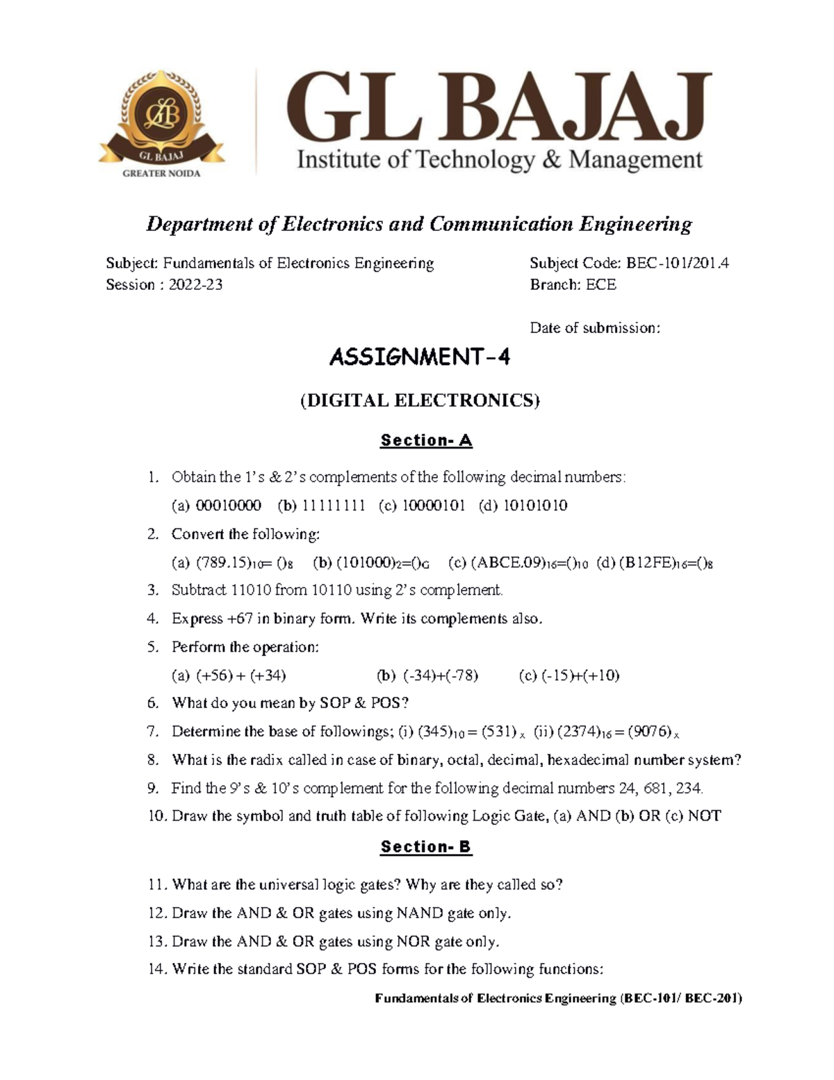 Digital Electronics Assignment - Fundamentals of Electronics ...