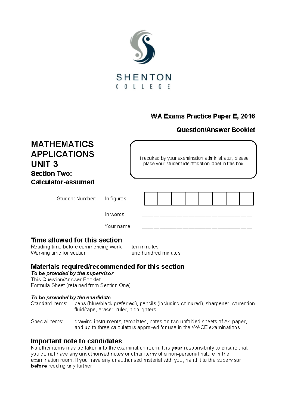 WAEP 2016 APPS U3 PRAC E S2 - WA Exams Practice Paper E, 2016 Question ...