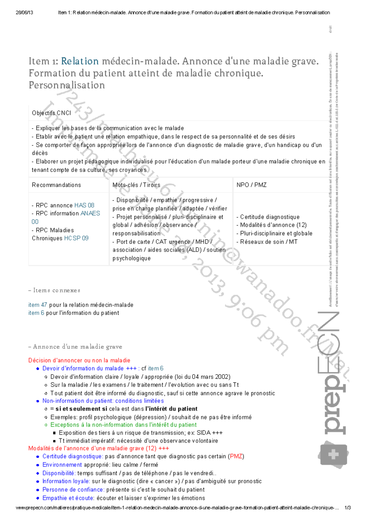 1 - Item 1 Relation médecin-malade. Annonce d 'une maladie grave. Formation du patient atteint ...