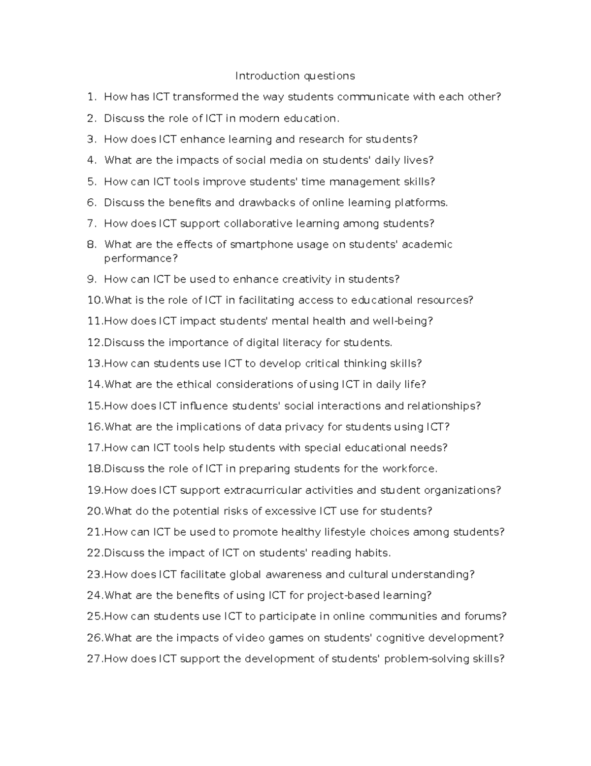 Introduction questions (Auto Recovered) - Introduction questions How ...