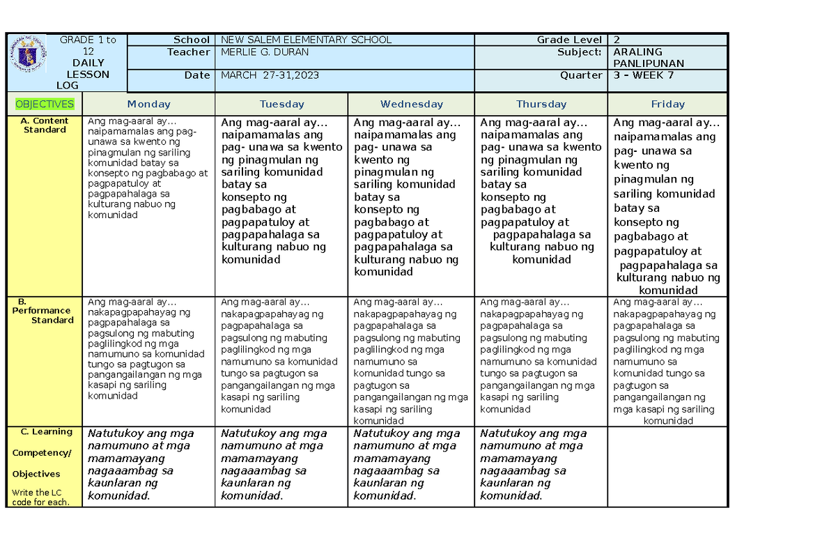 WEEK7-dll-AP - this is a reviewer - GRADE 1 to 12 DAILY LESSON LOG ...