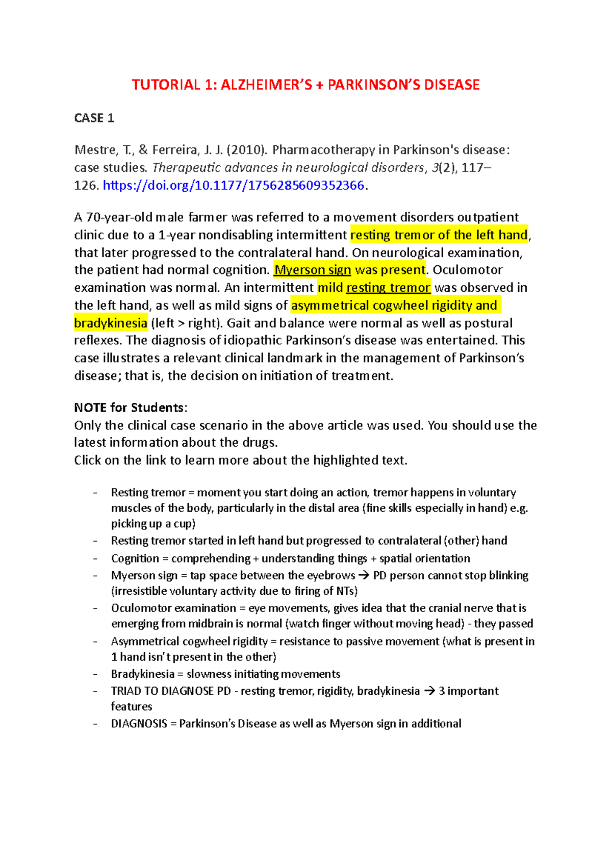 Pharmacology 2 Tutorial Notes - Case Studies - 091709 - Studocu