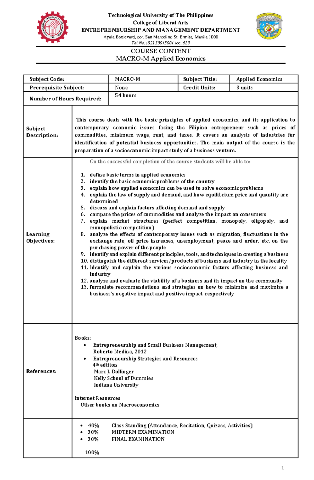 Macro-M Applied Economics Course Outline - Technological University of ...