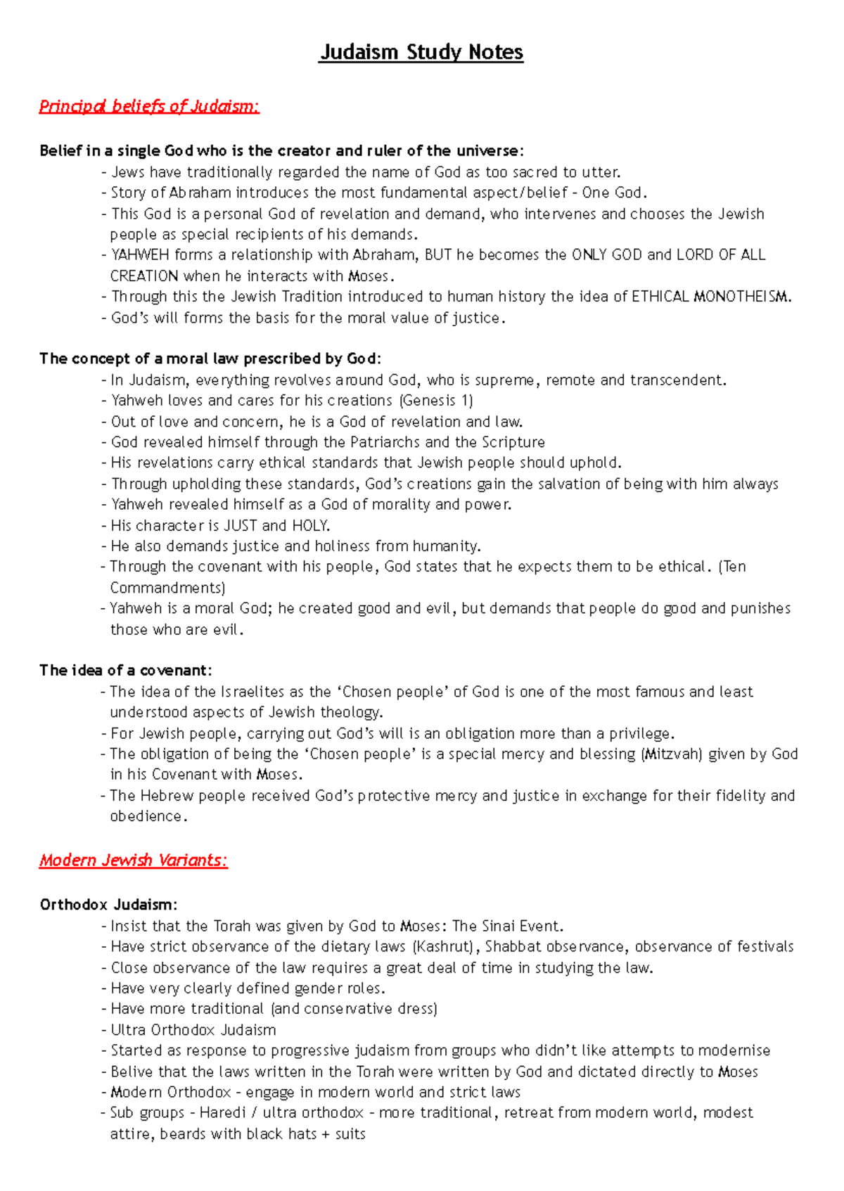 Judaism syllabus study notes - Judaism Study Notes Principal beliefs of ...