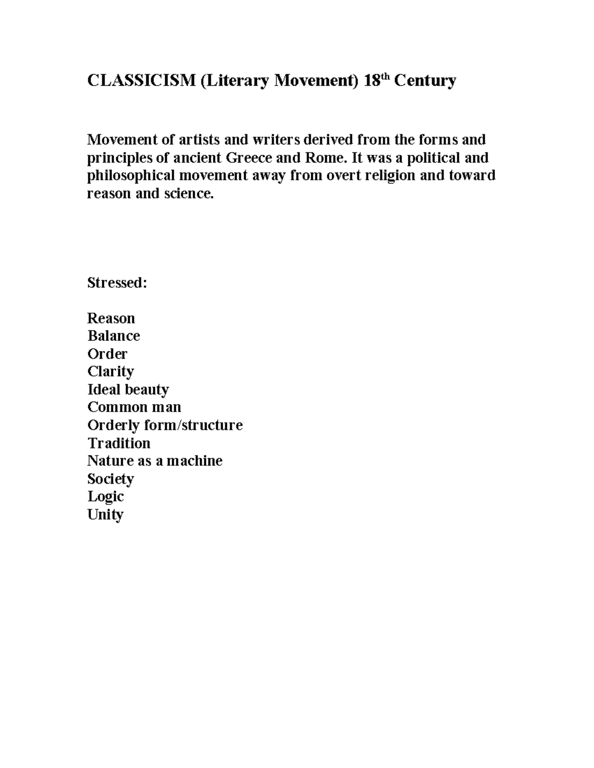 Classicism - CLASSICISM (Literary Movement) 18 th Century Movement of ...