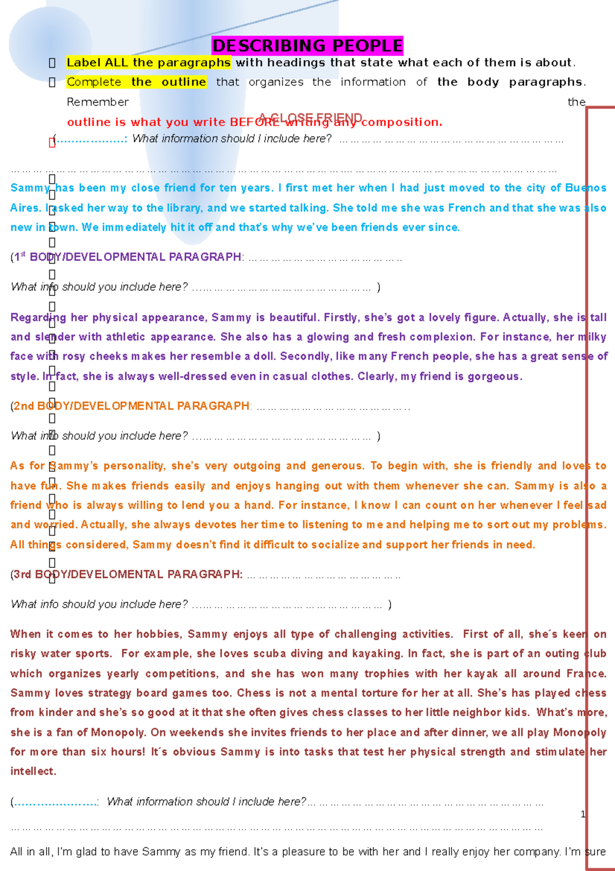 Descriptions OF People Practice - ⮚ Label ALL the paragraphs with ...