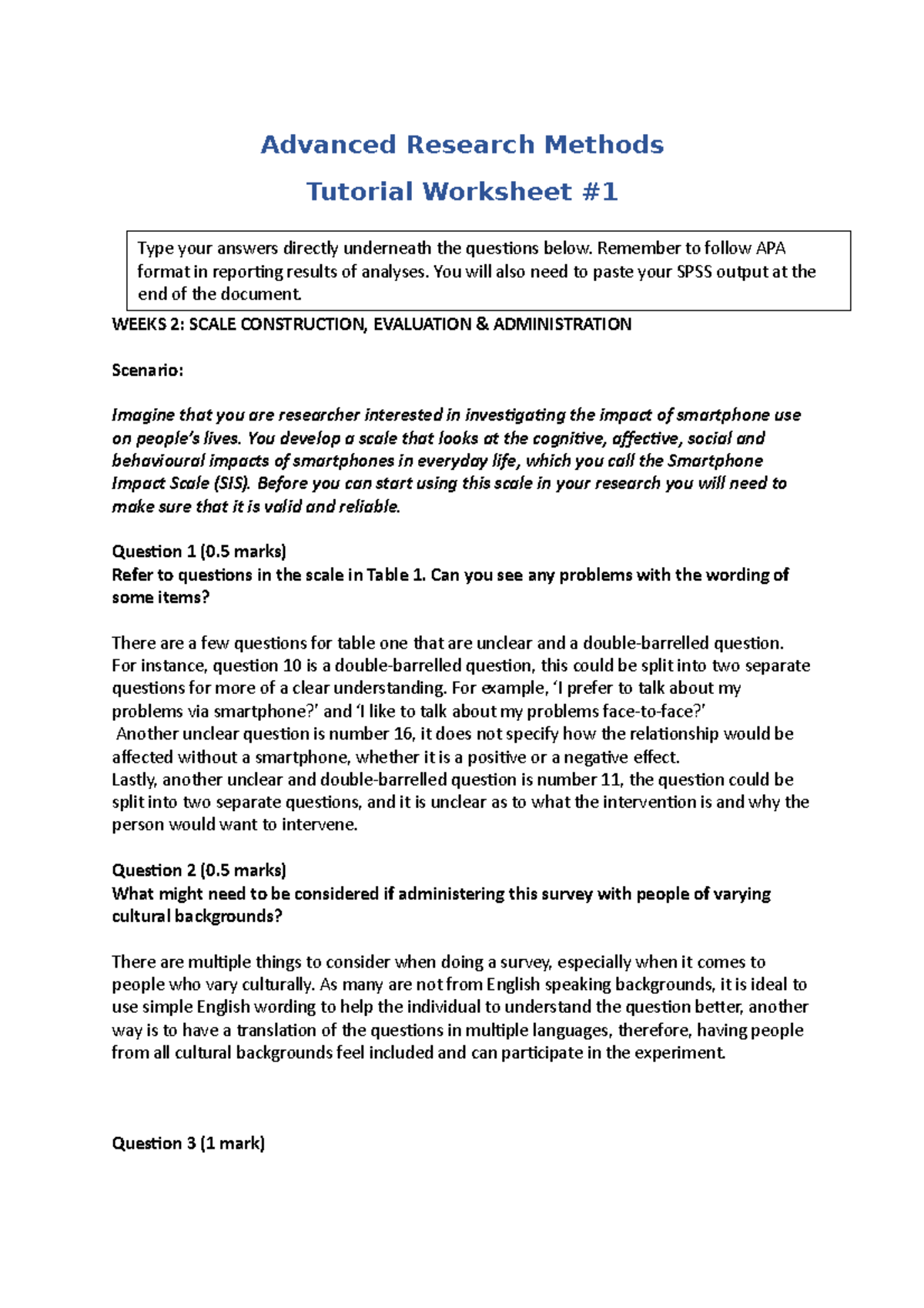 Tutorial Worksheet #1 - Advanced Research Methods Tutorial Worksheet ...