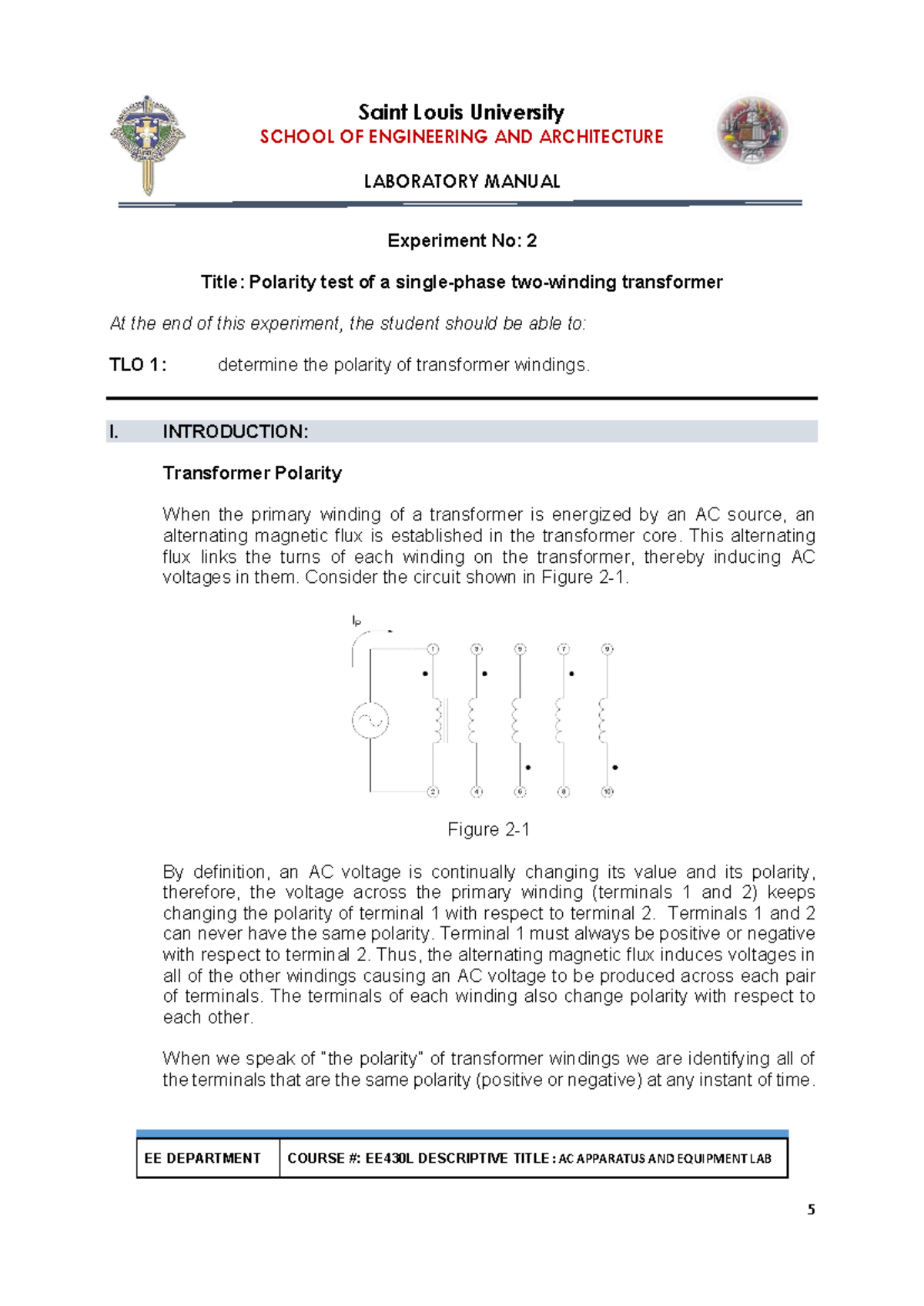 Module 2 Polarity Test of Single Phase Two Winding Transformer - SCHOOL ...