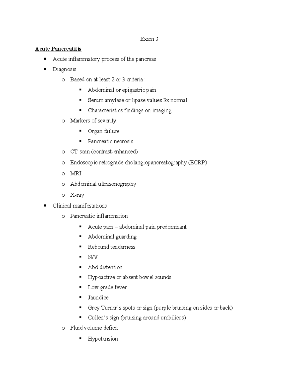 Exam 3 Complex - exam 3 notes - Exam 3 Acute Pancreatitis Acute ...