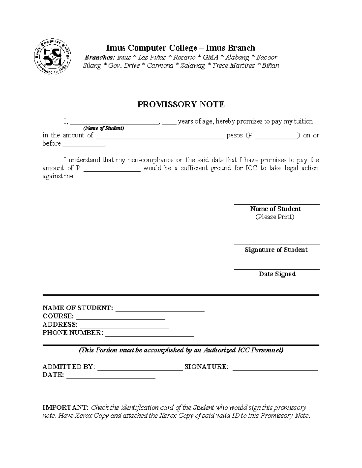 PN Form For Working Students - Imus Computer College – Imus Branch ...