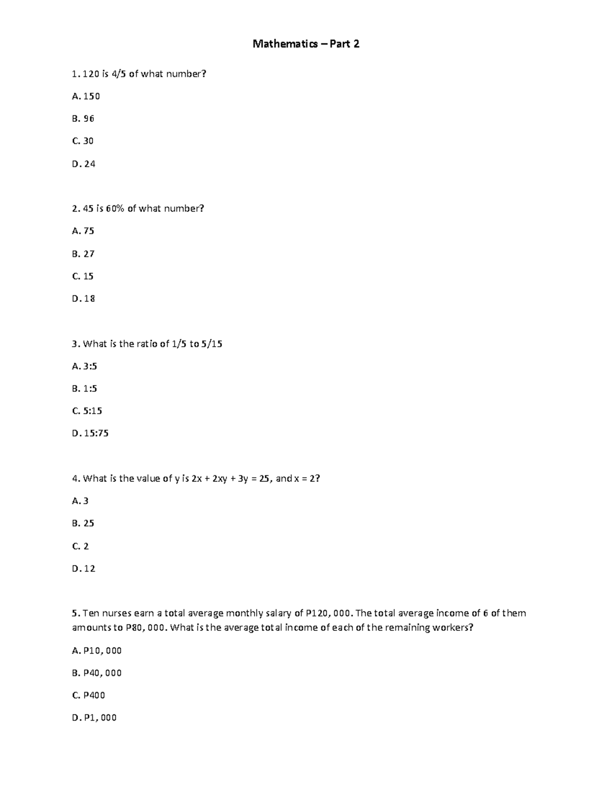 Mathematics Part 2 120 Is 4 5 Of What Number Ten Nurses Earn A